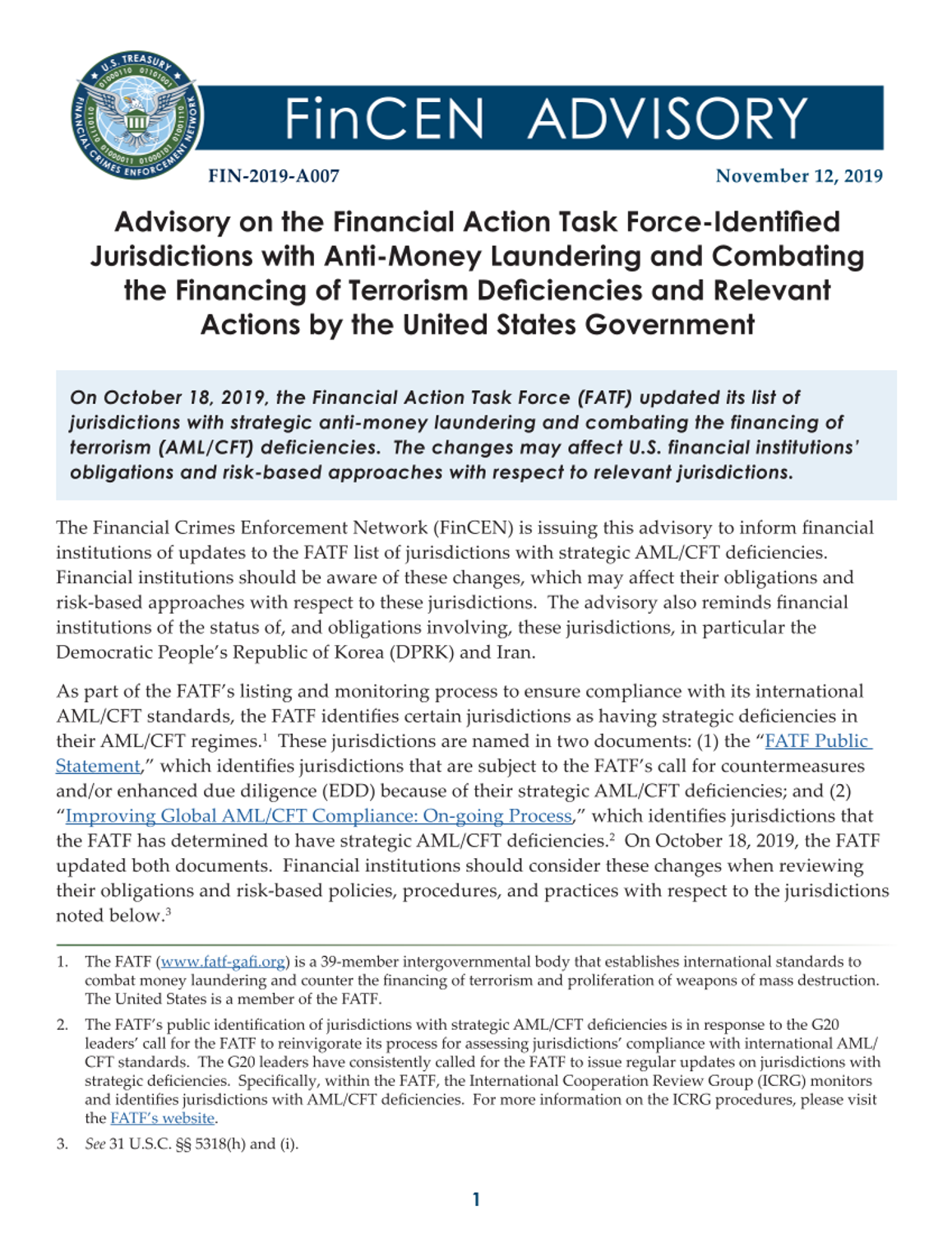FinCEN Advisory FIN-2019-A007