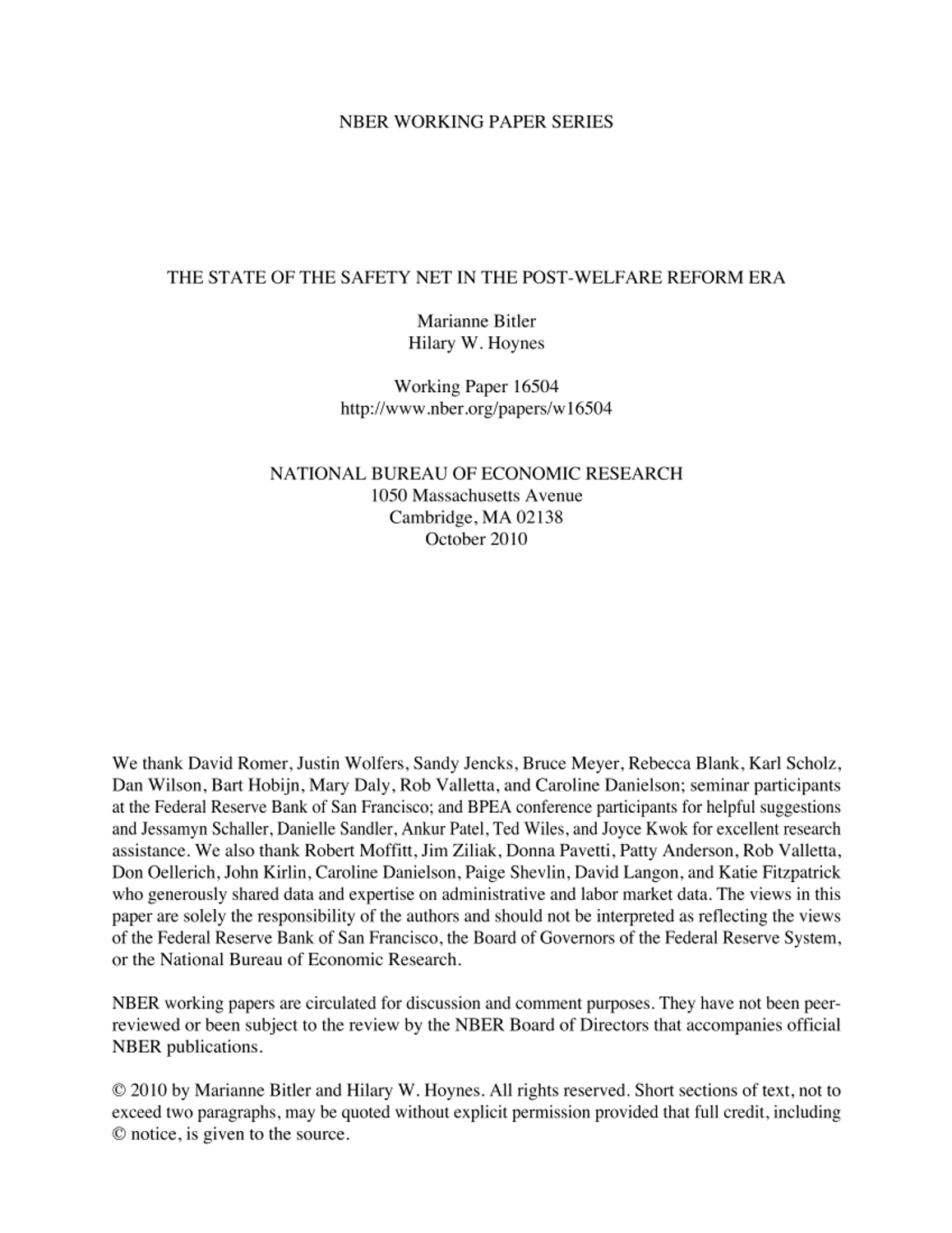 (The) State of the Safety Net in the Post-Welfare Reform Era ...