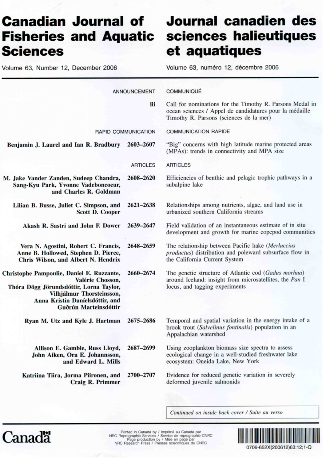 Canadian Journal of Fisheries and Aquatic Sciences