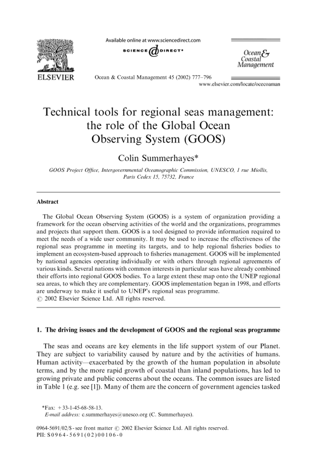 Technical tools for regional seas management: the role of the Global ...