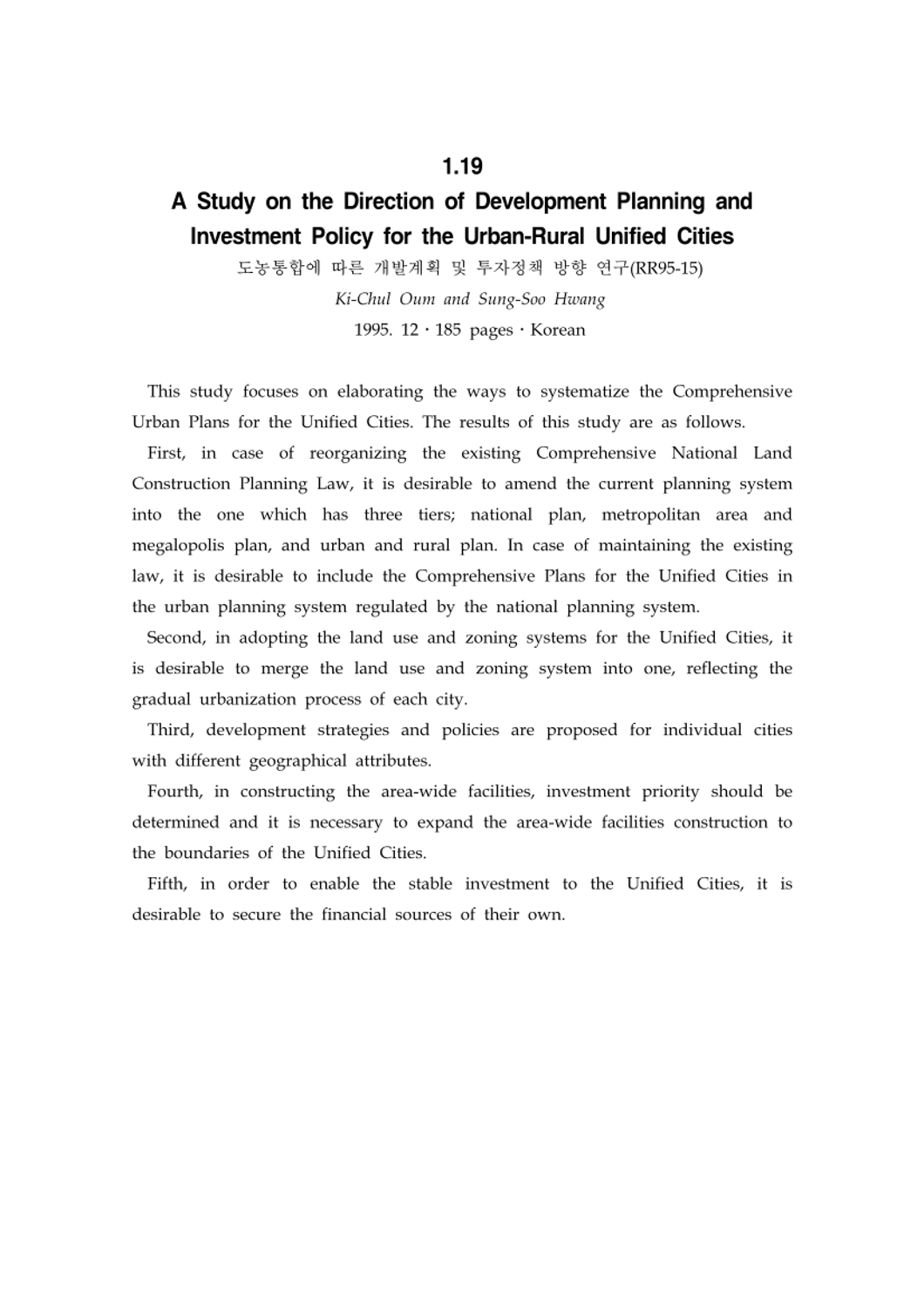 A Study on the Direction of Development Planning and Investment Policy ...