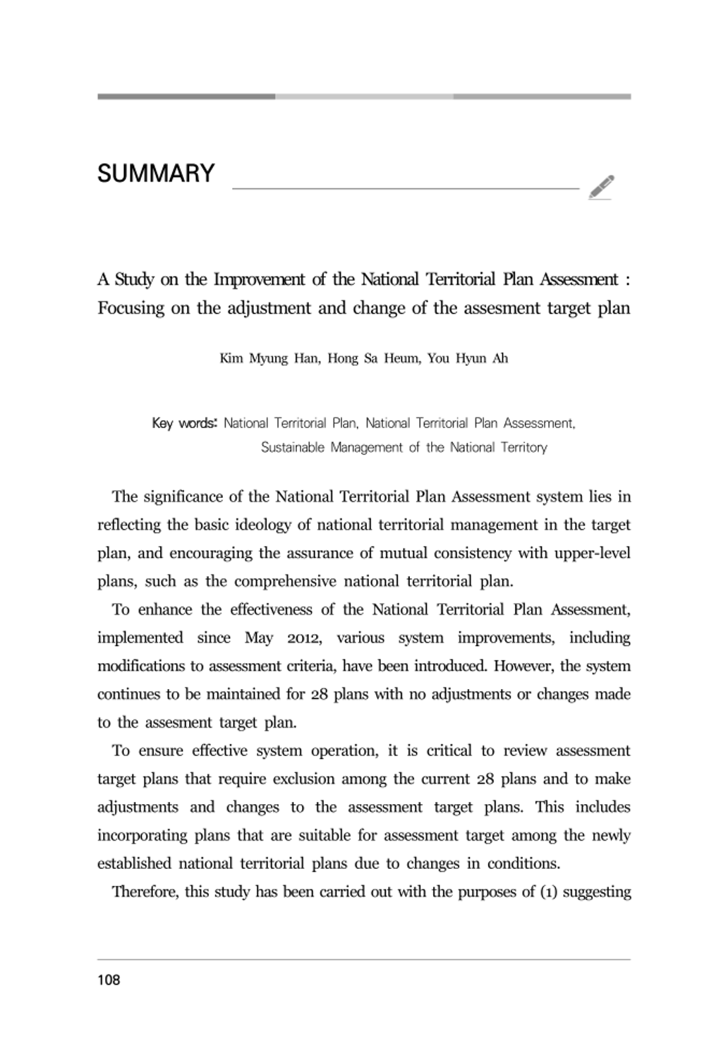 A Study on the Improvement of the National Territorial Plan Assessment ...